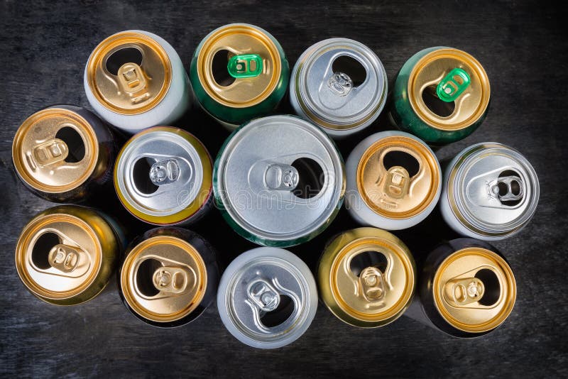 Top View of Used Open Beverage Cans on Black Surafce Stock Photo ...
