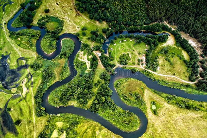 Top View of the Valley of a Meandering River among Green Fields Stock ...