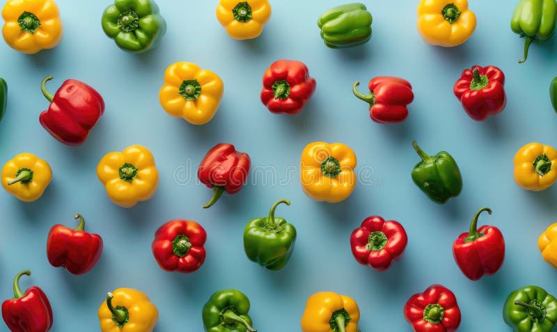 Top View of a Variety of Bell Peppers on a Pastel Blue Background Stock ...