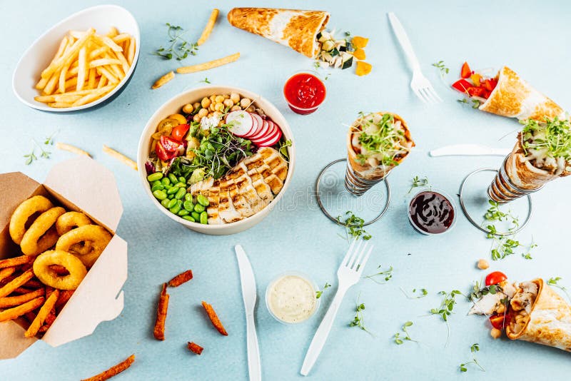 Top View of a Variety of Super Appetizing Foods on a Table Stock Photo ...
