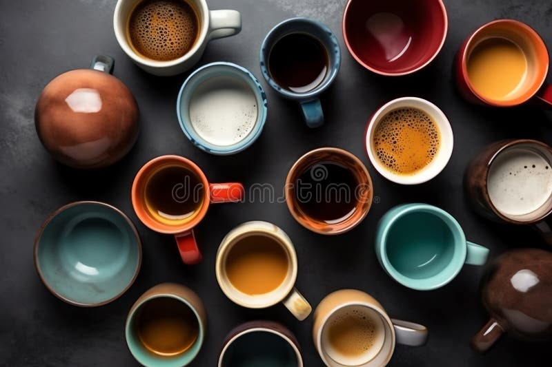 Top View of Various Coffee Mugs and Cups with Different Types of Coffee ...