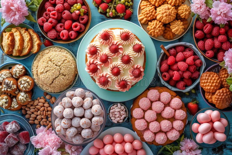 Top View of Various Colorful Sweets Flat Lay on Light Blue Background ...