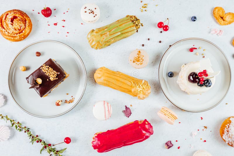 Top View of the Various Delicious Pastry Cakes Stock Photo - Image of ...