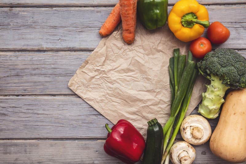 Top View of Various Fresh Organic Vegetables with a Blank Brown Paper ...