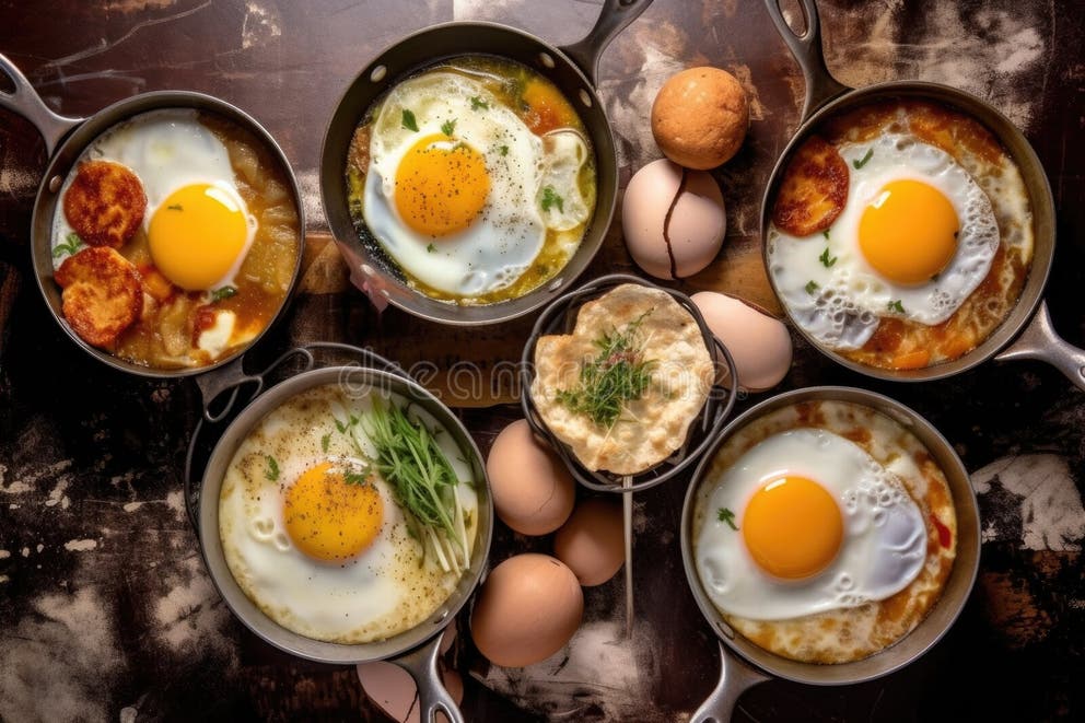 Top View of Various Fried Egg Styles in a Pan Stock Photo - Image of ...
