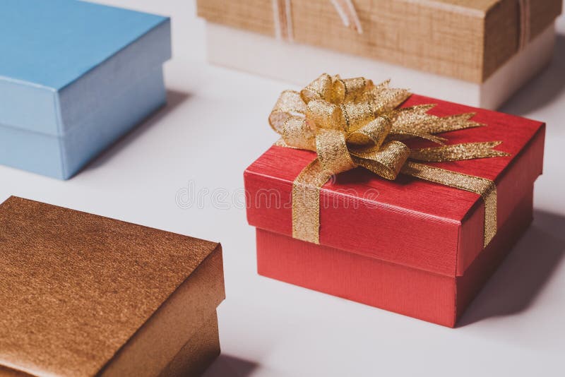 Top View of Various Gift Boxes on Wooden Table Stock Image - Image of ...