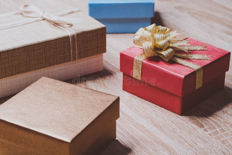 Top View of Various Gift Boxes on Wooden Table Stock Photo - Image of ...
