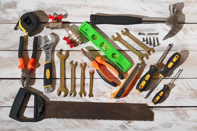Various Handyman Tools of Wooden Table with Hard Light and Shadow, Flat ...