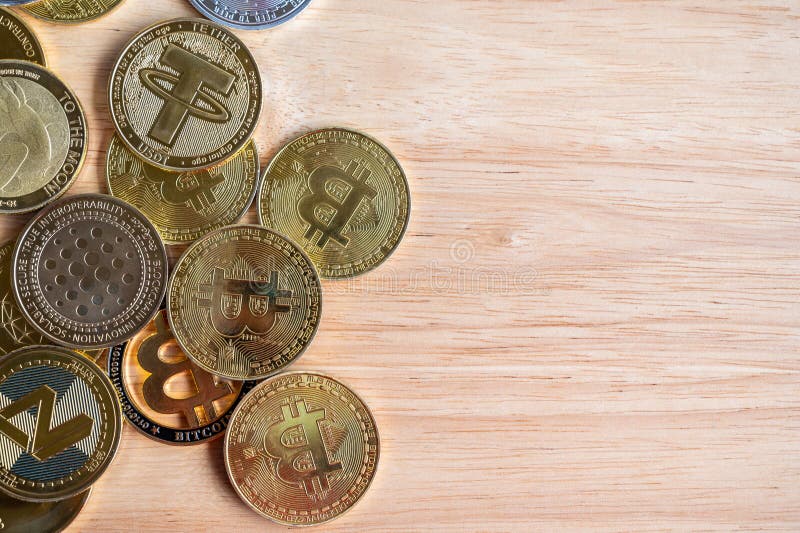 Top View of Various Kinds of Cryptocurrency Token Coins on Wooden Table ...
