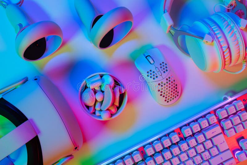 Top View of Various Modern Gadgets on Professional Multi Colored Gaming ...