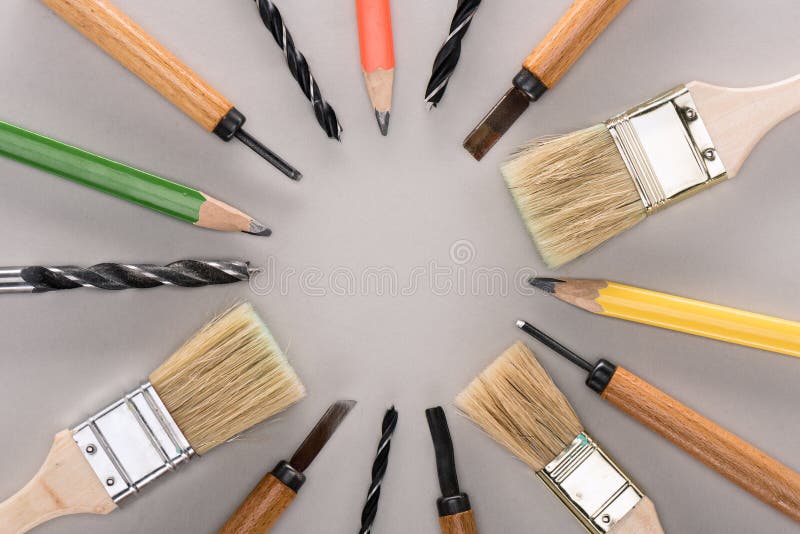 Top View of Various Paint Brushes, Pencils, Chisels and Drills Stock ...