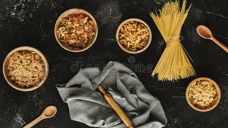 Top View of Various Pasta Types in Bowls Stock Photo - Image of ravioli ...