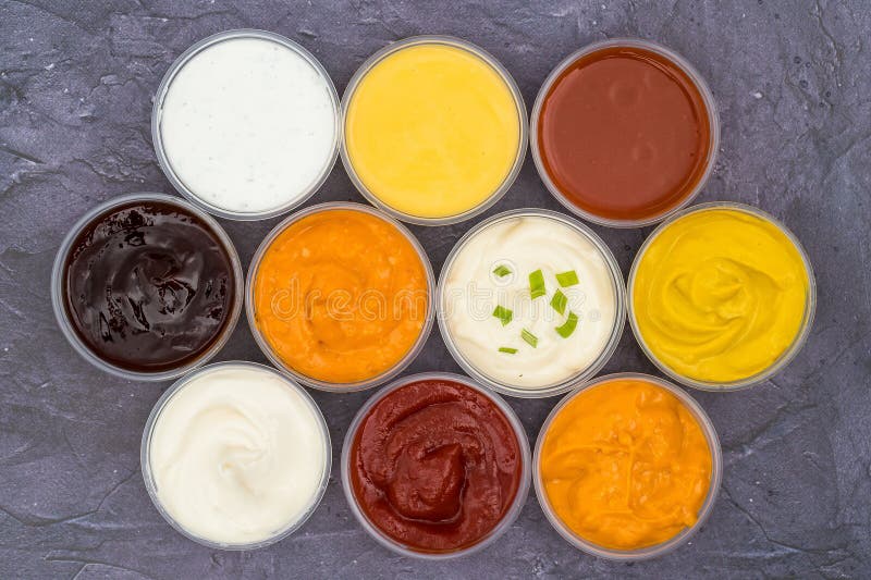 Top View of Various Sauces in Plates Stock Photo - Image of zesty ...