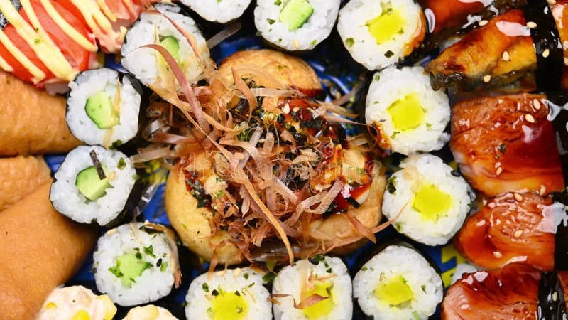Top View Various Sushi Rotating Closeup Horizontal Composition Stock ...