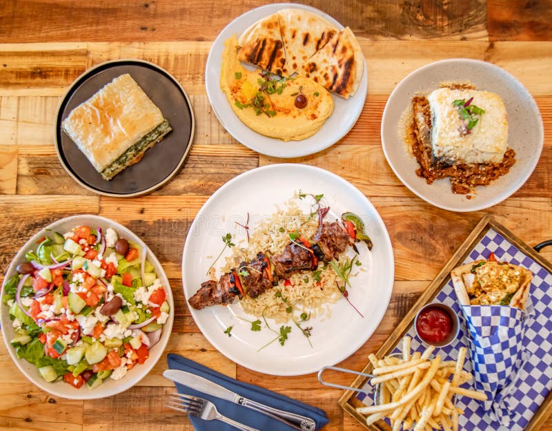 Top View of Various Tasty Dishes on Wooden Surface Stock Image - Image ...