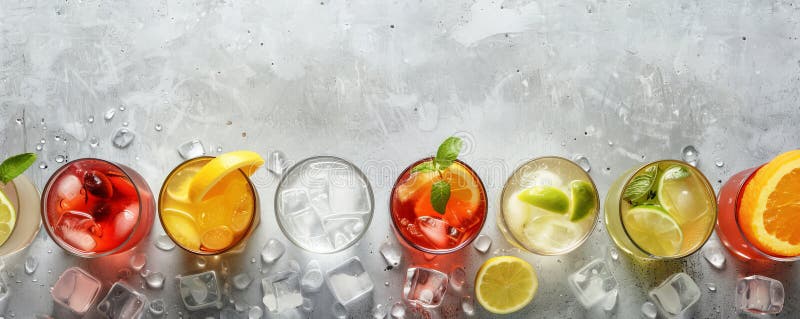Top View of Various Tasty Drinks with Ice on a Gray Surface, with a ...