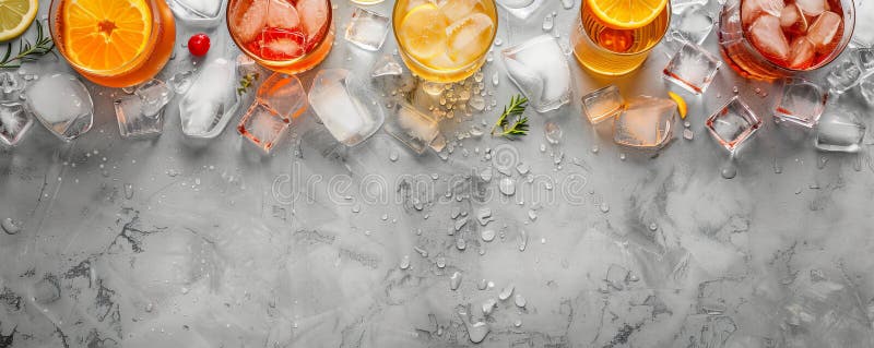Top View of Various Tasty Drinks with Ice on a Gray Surface, with a ...