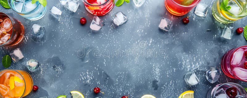 Top View of Various Tasty Drinks with Ice on a Gray Surface, with a ...