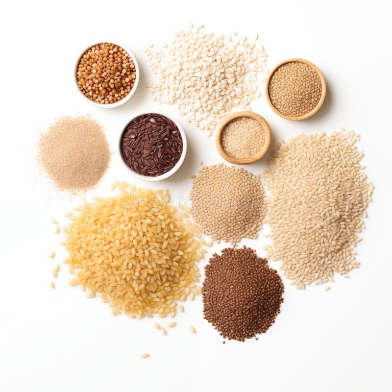 Top View of Various Types of Grains and Seeds on a White Background ...