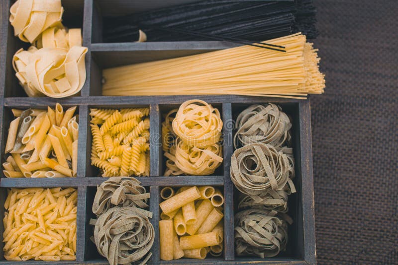 Top View Various Types of Italian Pasta in a Wooden Box with Different ...