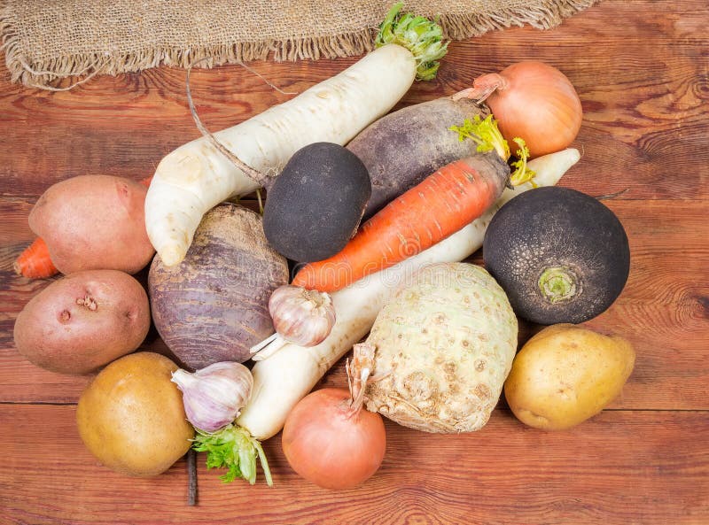 Top View of Various Uncooked Root Vegetables on Rustic Table Stock ...