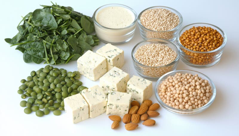 Top View of Various Vegan Protein Sources on White Table for a Healthy ...