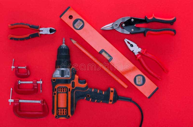Top View of Various Work Tools and Pencil Stock Photo - Image of ...
