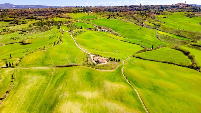 Top View of Verdant Tuscan Fields, Hills, Trees with a Thin Strip of ...