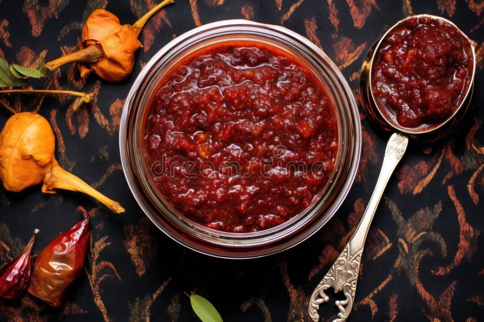 Top View of a Vibrant Chutney with a Spoon beside it Stock Illustration ...