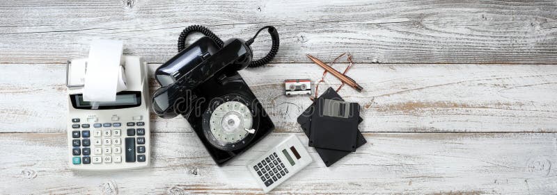 Top View of Vintage Technologies that Includes Rotary Dial Phone and ...