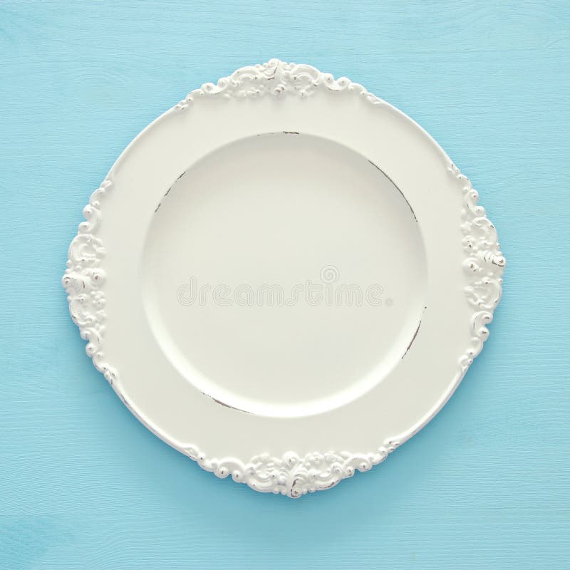 Top View of Vintage White Empty Plate. Flat Lay. Stock Image - Image of ...