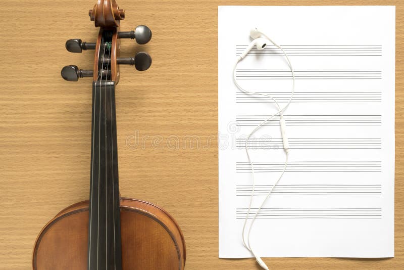 Top View of Violin and Music Paper Note with Earphone Stock Image ...