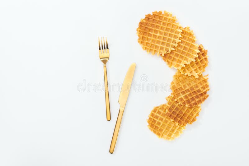 Top View of Waffles and Fork with Knife Isolated on White. Stock Image ...