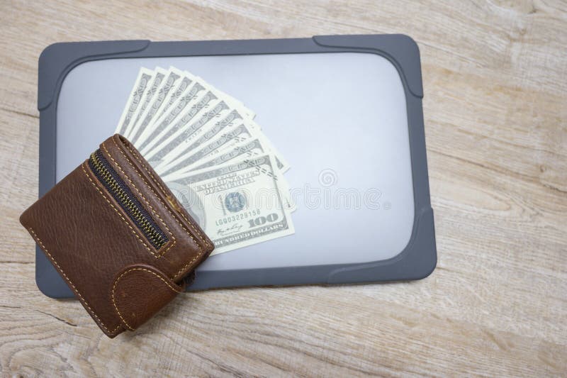 Top View, Wallet with Dollar and Computer Stock Photo - Image of ...