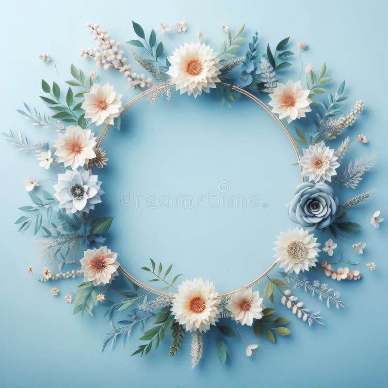 Top View Wedding Flower Frame with Floral Pattern on Blue Background ...