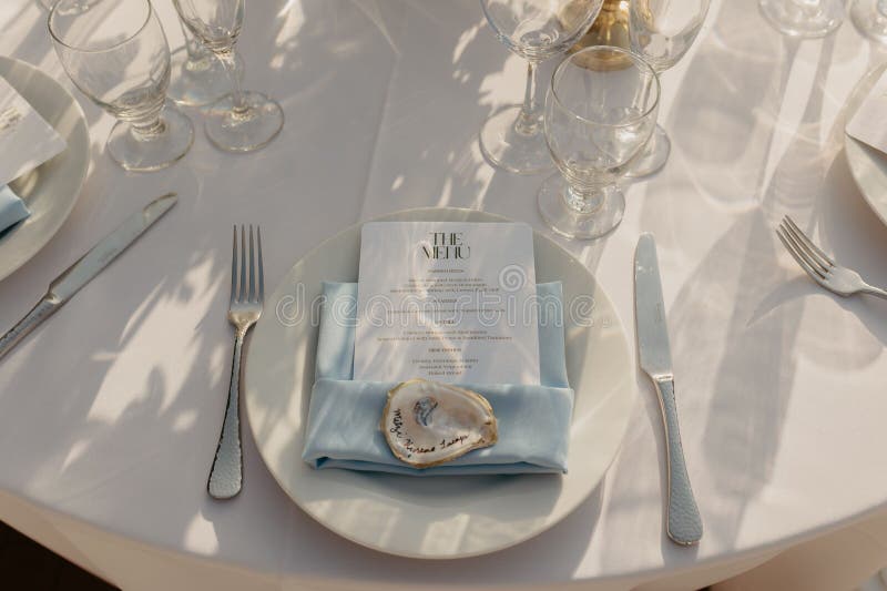 Top View of a Wedding Table Set with a Menu on a Plate in Sunlight ...