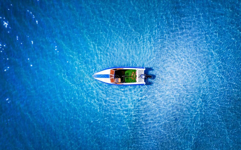 Top View of a White Boat in the Blue Sea Stock Image - Image of cruise ...