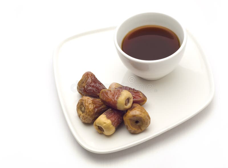 Top View of White Coffee Cup with Dates in a Plate. Stock Image - Image ...