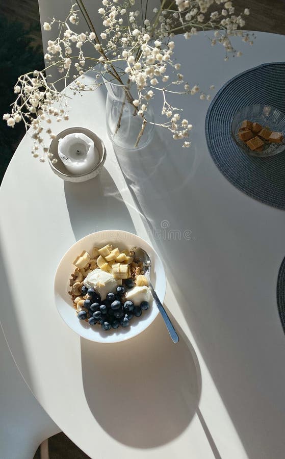Top View of White Dinning Table with Cereal for Breakfast Stock Photo ...