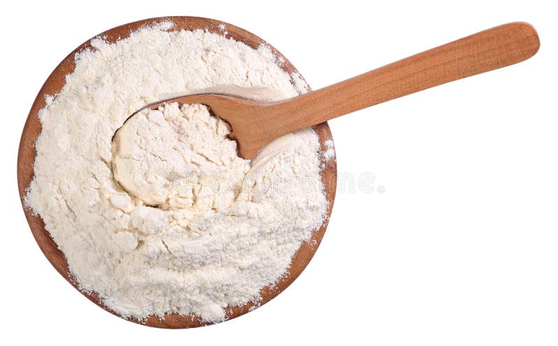 Top View Of White Flour In A Wooden Bowl With Spoon On A White Stock ...