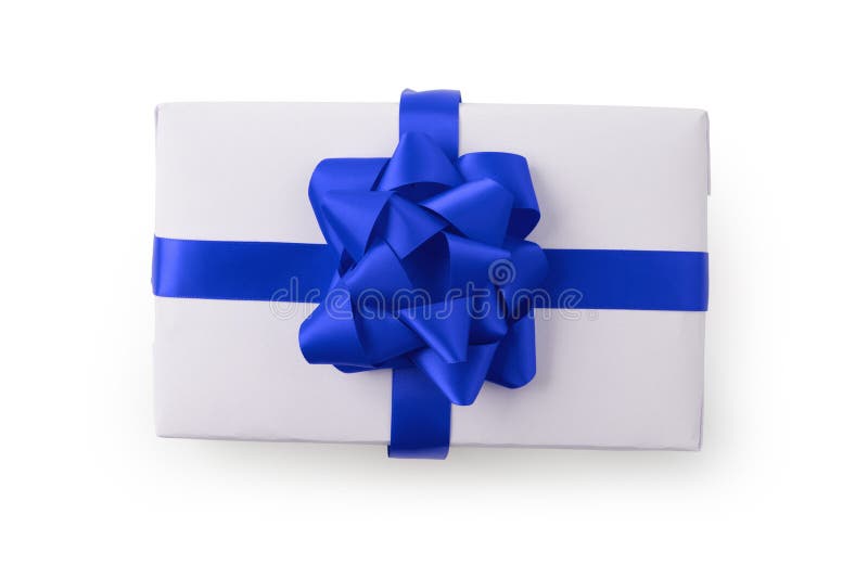 Top View of White Gift Box with Blue Ribbon Isolated on White ...