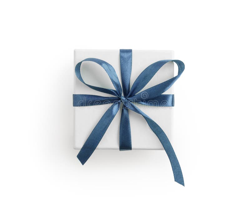 Top View of White Gift Box with Blue Ribbon Isolated on White ...
