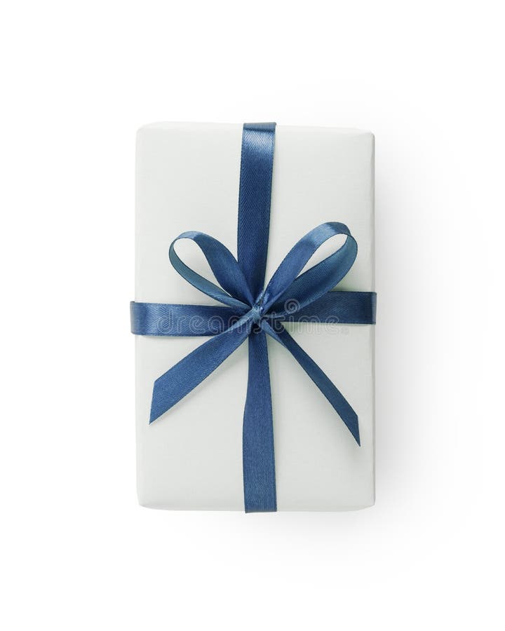 Top View of White Gift Box with Blue Ribbon Isolated on White ...