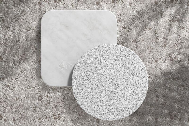 Top View of White Marble Square and Disk Plates with Palm Tree Leaf ...