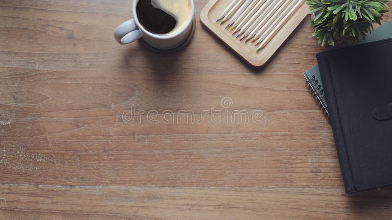 Top View White Office Desk with Notebook, Coffee Cup. Copy Space for ...
