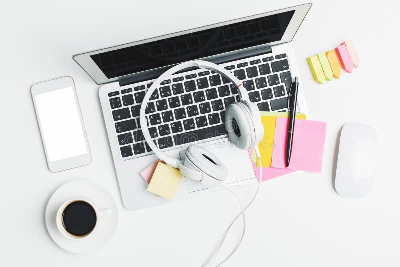 White Workspace with Devices and Supplies Stock Image - Image of items ...