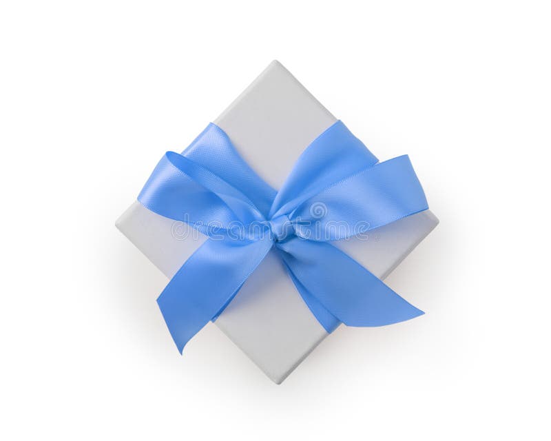 Top View of White Paper Present Box with Blue Ribbon Isolated on White ...