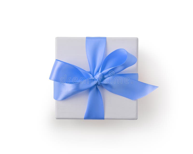 Top View of White Paper Present Box with Blue Ribbon Isolated on White ...
