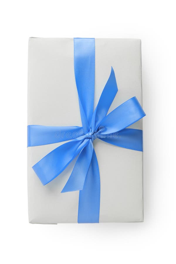 Top View of White Paper Present Box with Blue Ribbon Isolated on White ...