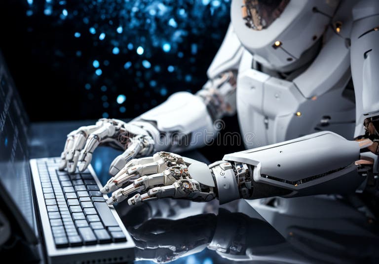 Top View of White Robot Hands on Keyboard, Graphs on Empty Space for ...